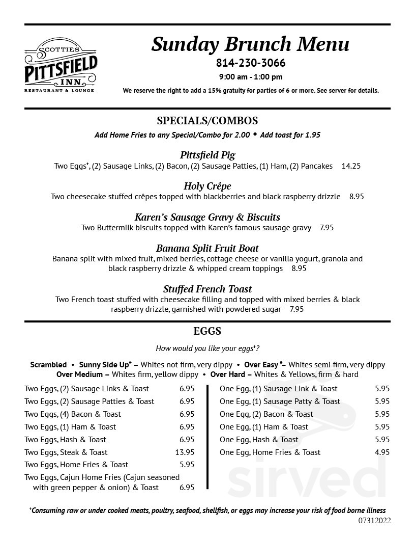 Scotties Pittsfield Inn menu in Pittsfield, Pennsylvania, USA