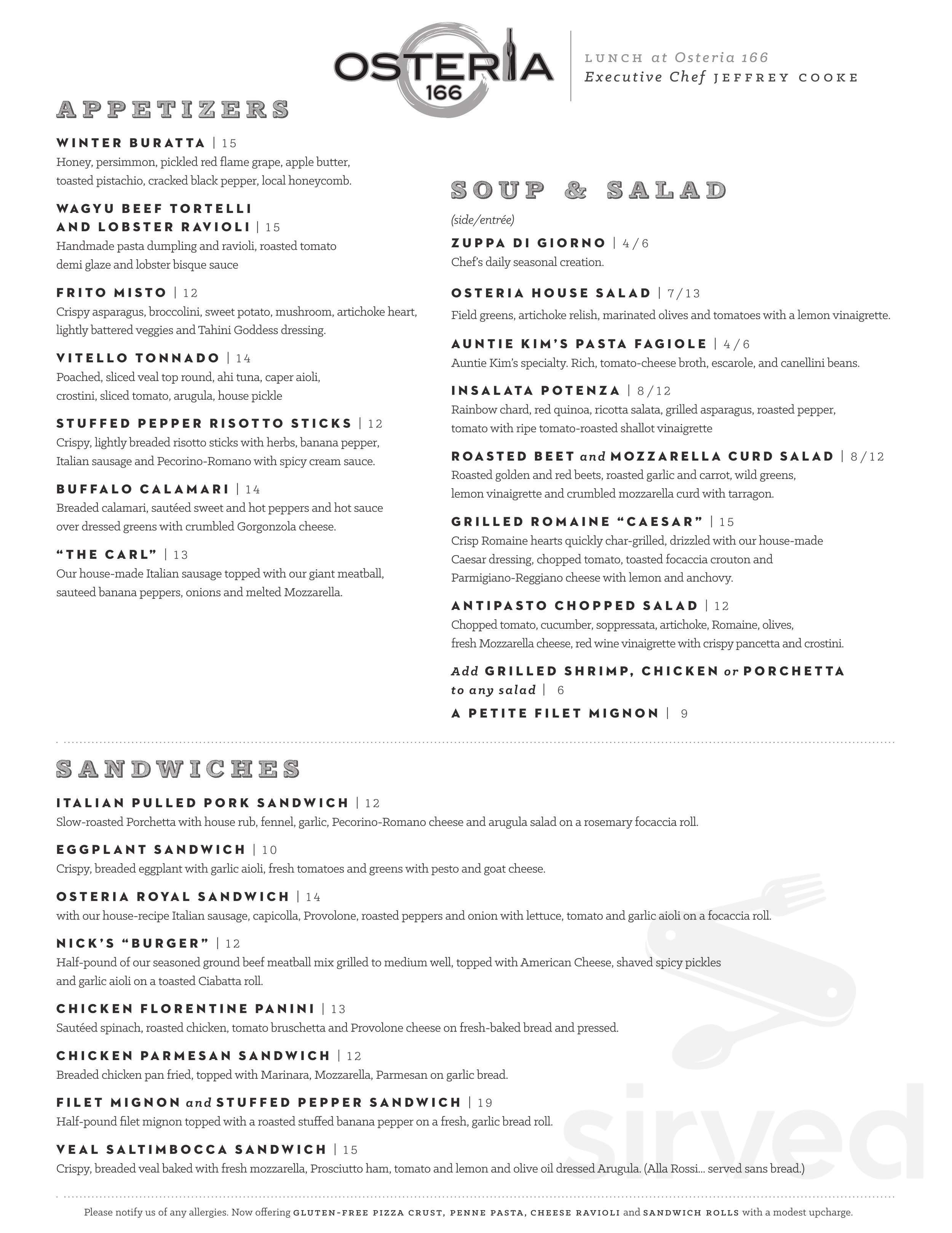 Osteria 166 menu in Buffalo, New York, USA