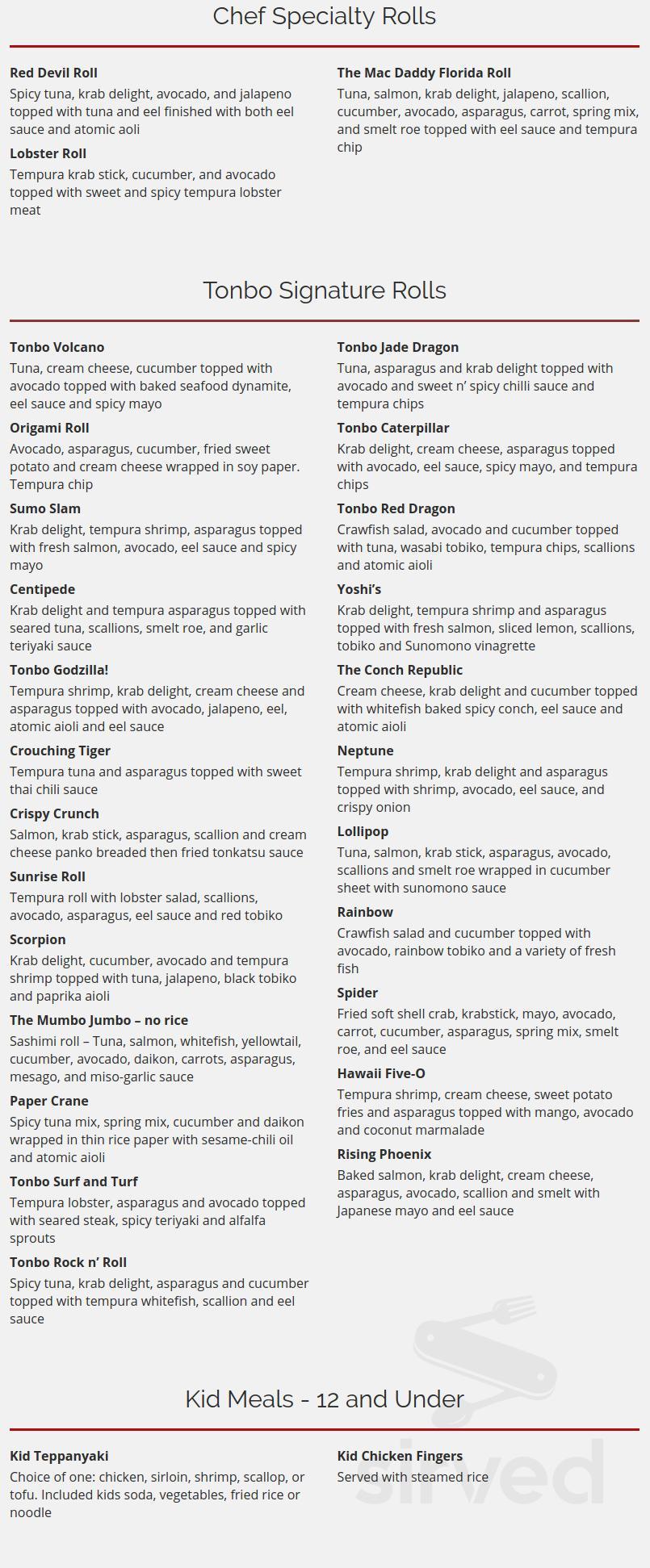 Tonbo Hibachi Grille menu in Port Richey, Florida, USA