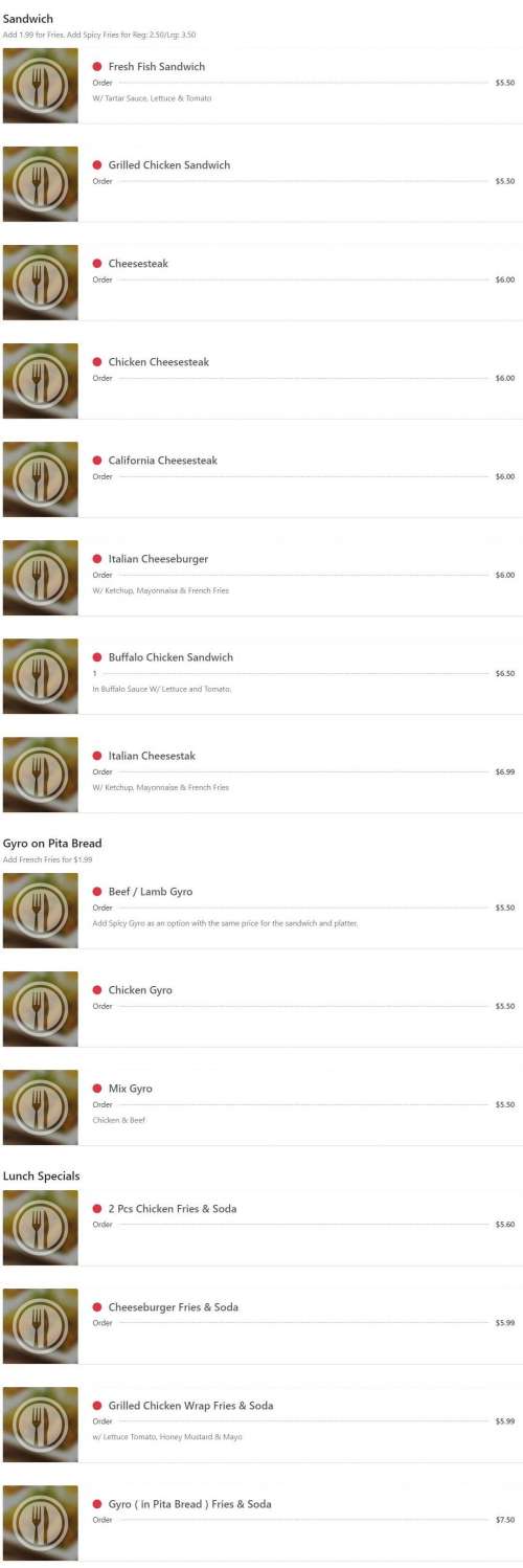 Prince Fried Chicken menu in Trenton, New Jersey, USA