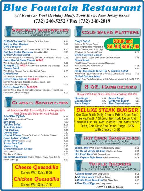 Blue Fountain Restaurant menu in Toms River, New Jersey, USA