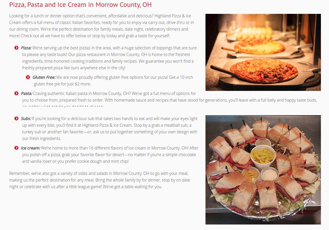 Highland Pizza & Ice Cream menu in Marengo, Ohio, USA