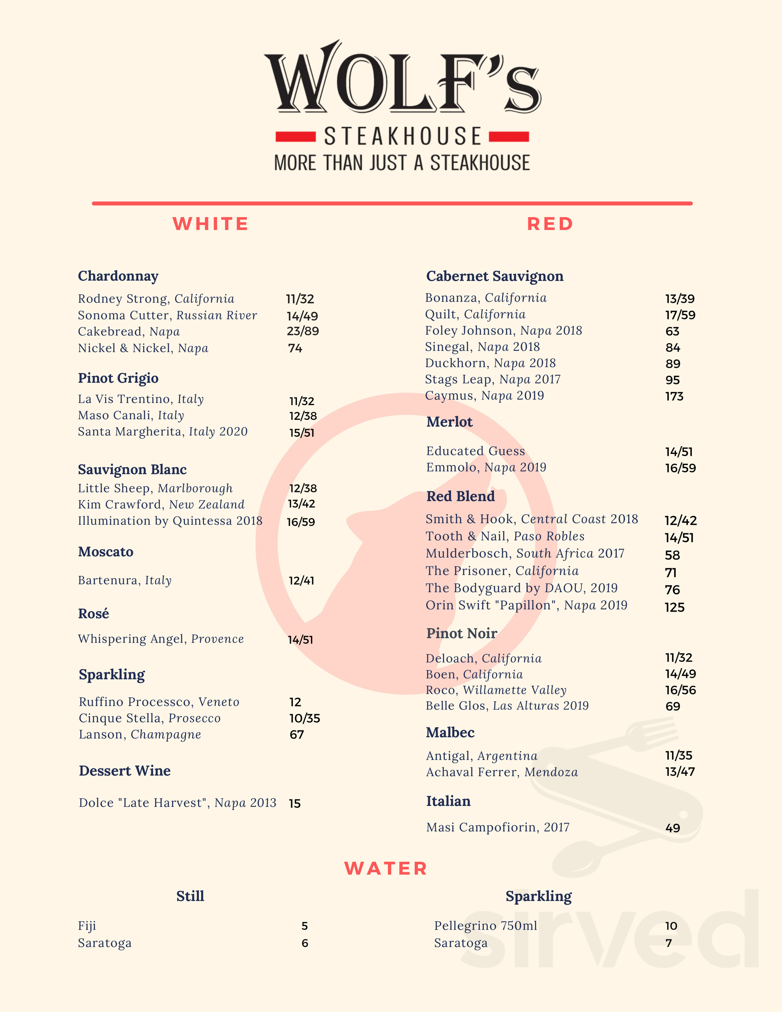 Wolf's Steakhouse menus in Cooper City, Florida, United States