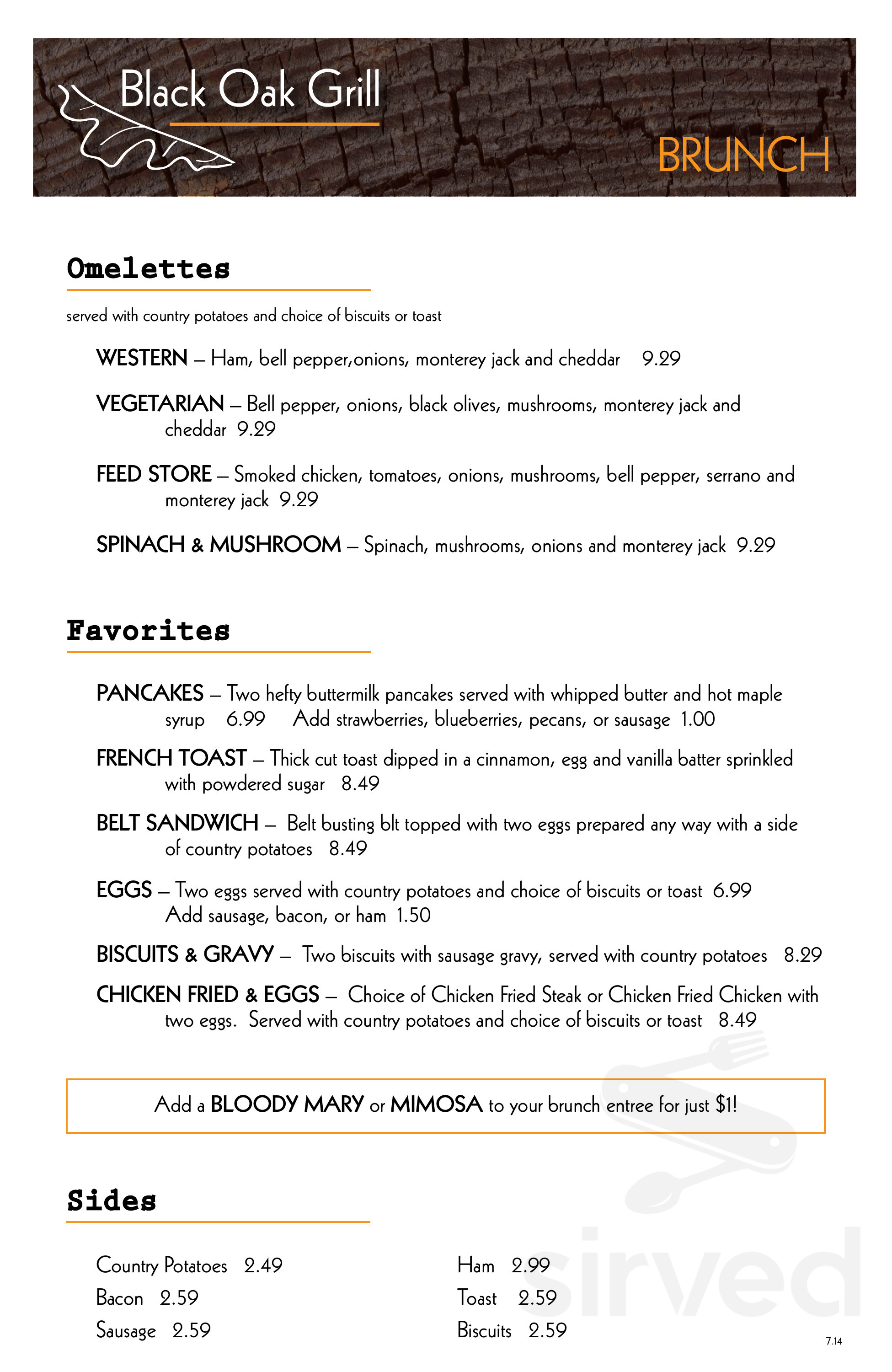 Black Oak Grill menu in Branson, Missouri, USA