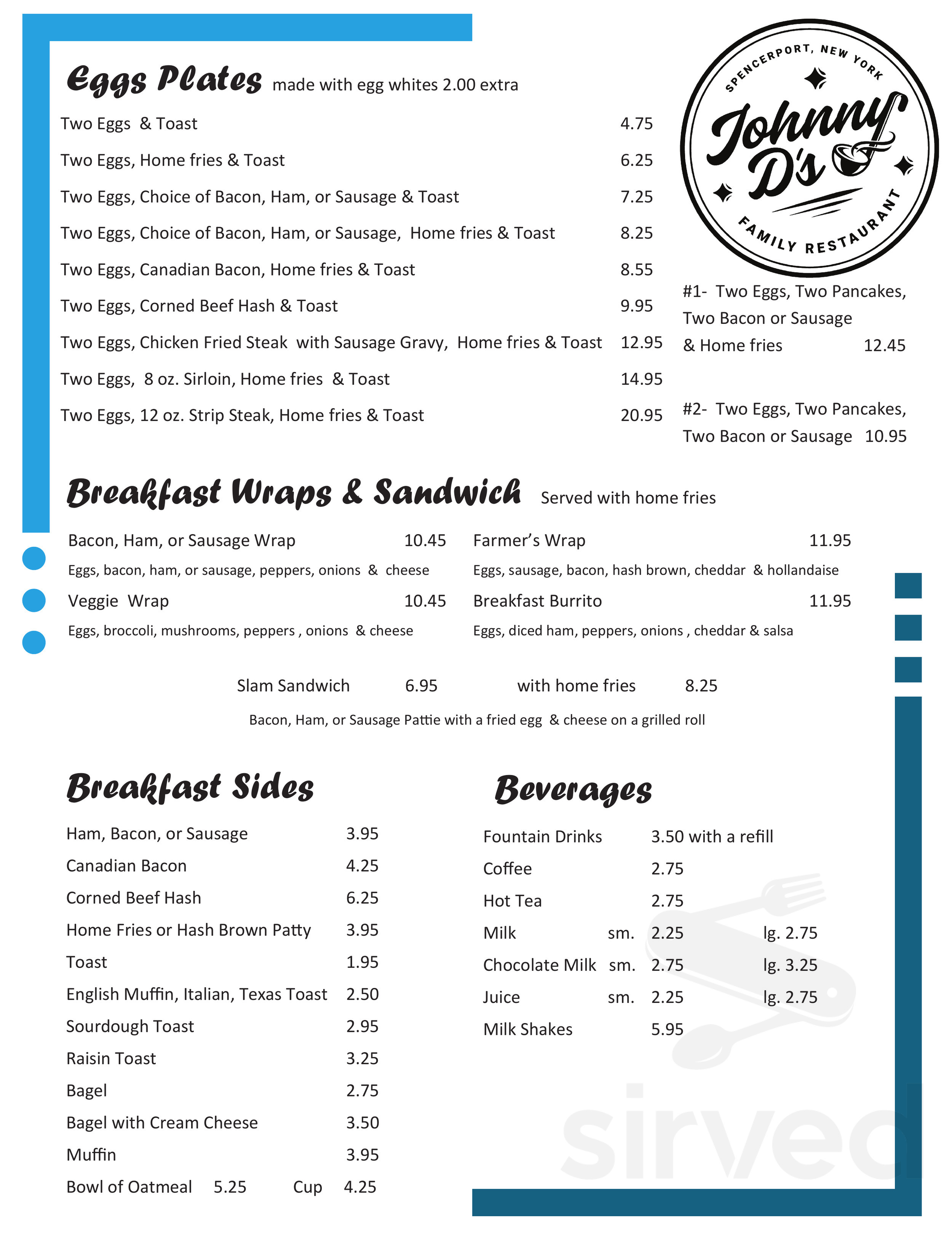 Menu for Johnny D's Family Restaurant in Spencerport, NY | Sirved