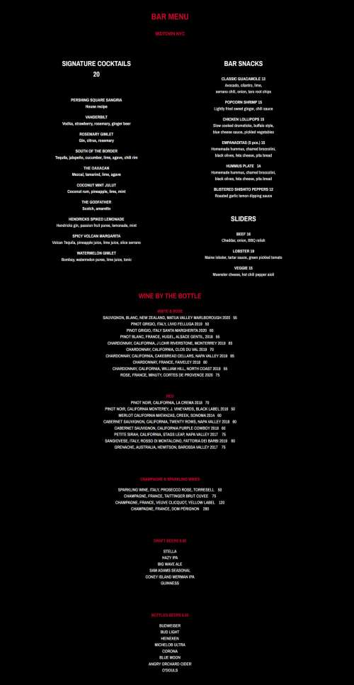 Pershing Square menu in New York, New York, USA