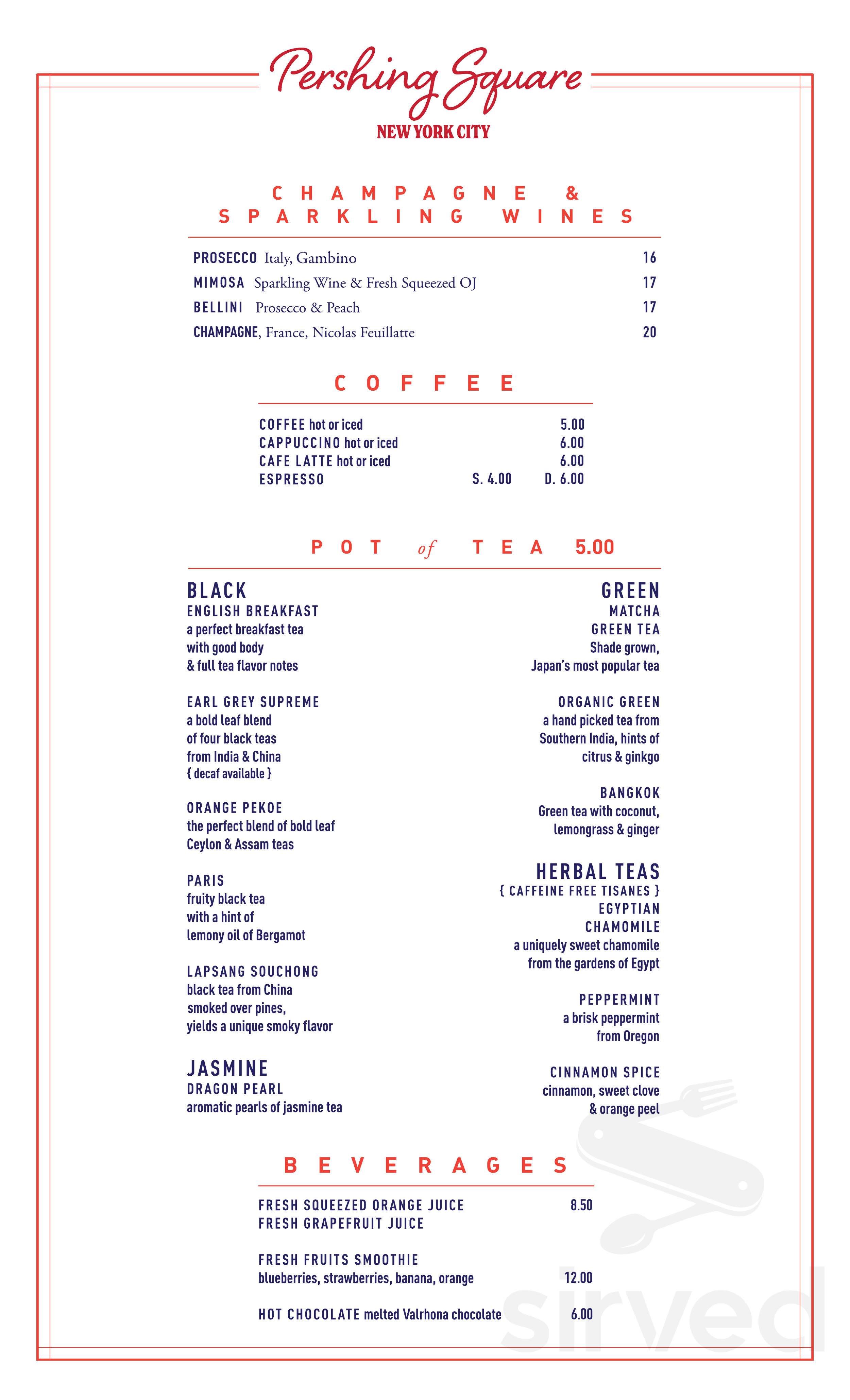 Pershing Square menu in New York, New York, USA