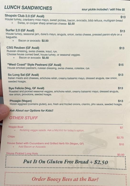 Middle Child Clubhouse menu in Philadelphia, Pennsylvania, USA