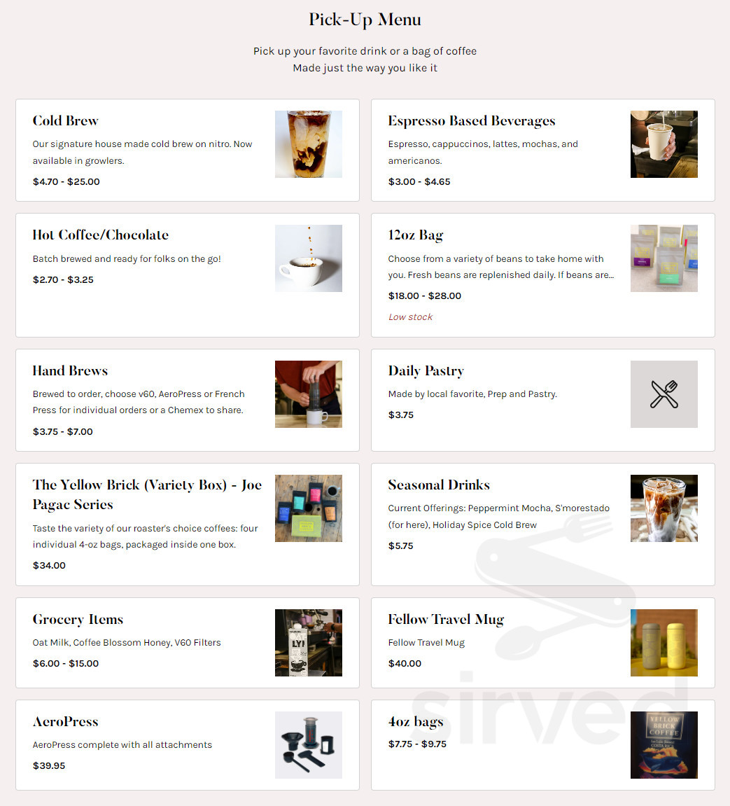 Yellow Brick Coffee menu in Tucson, Arizona, USA