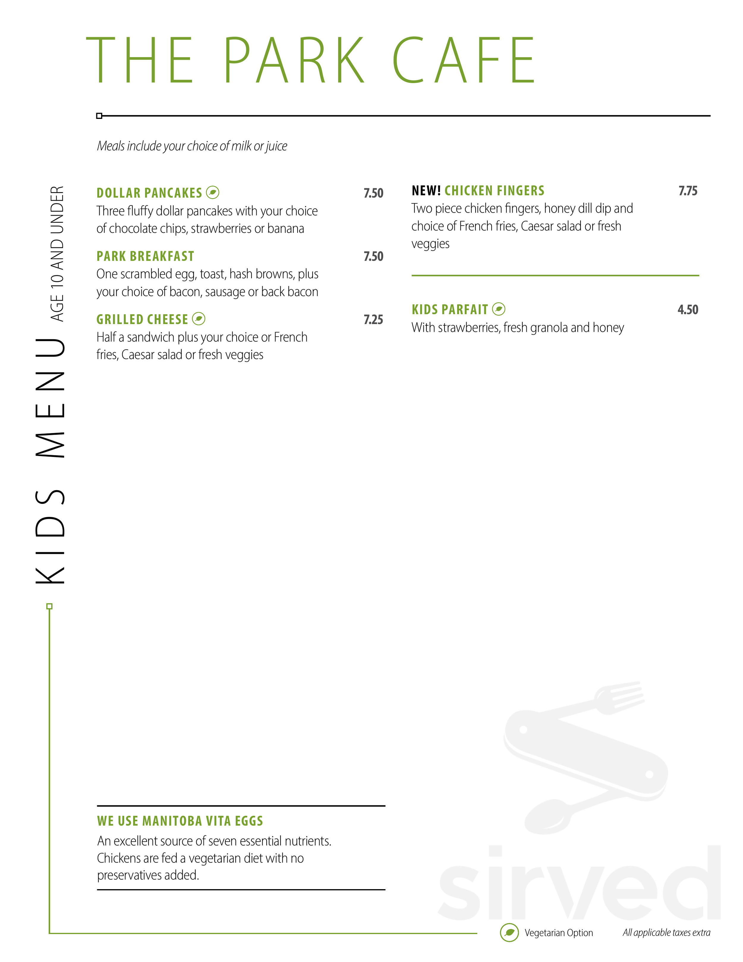 Park Cafe menu in Winnipeg, Manitoba, Canada