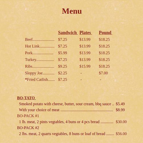 Bodacious BBQ menu in Tyler, Texas, USA