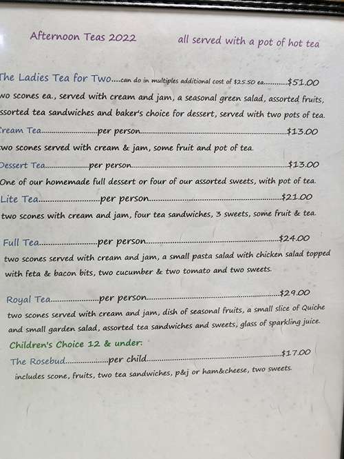 English Rose Tea Room menu in Virginia Beach, Virginia, USA