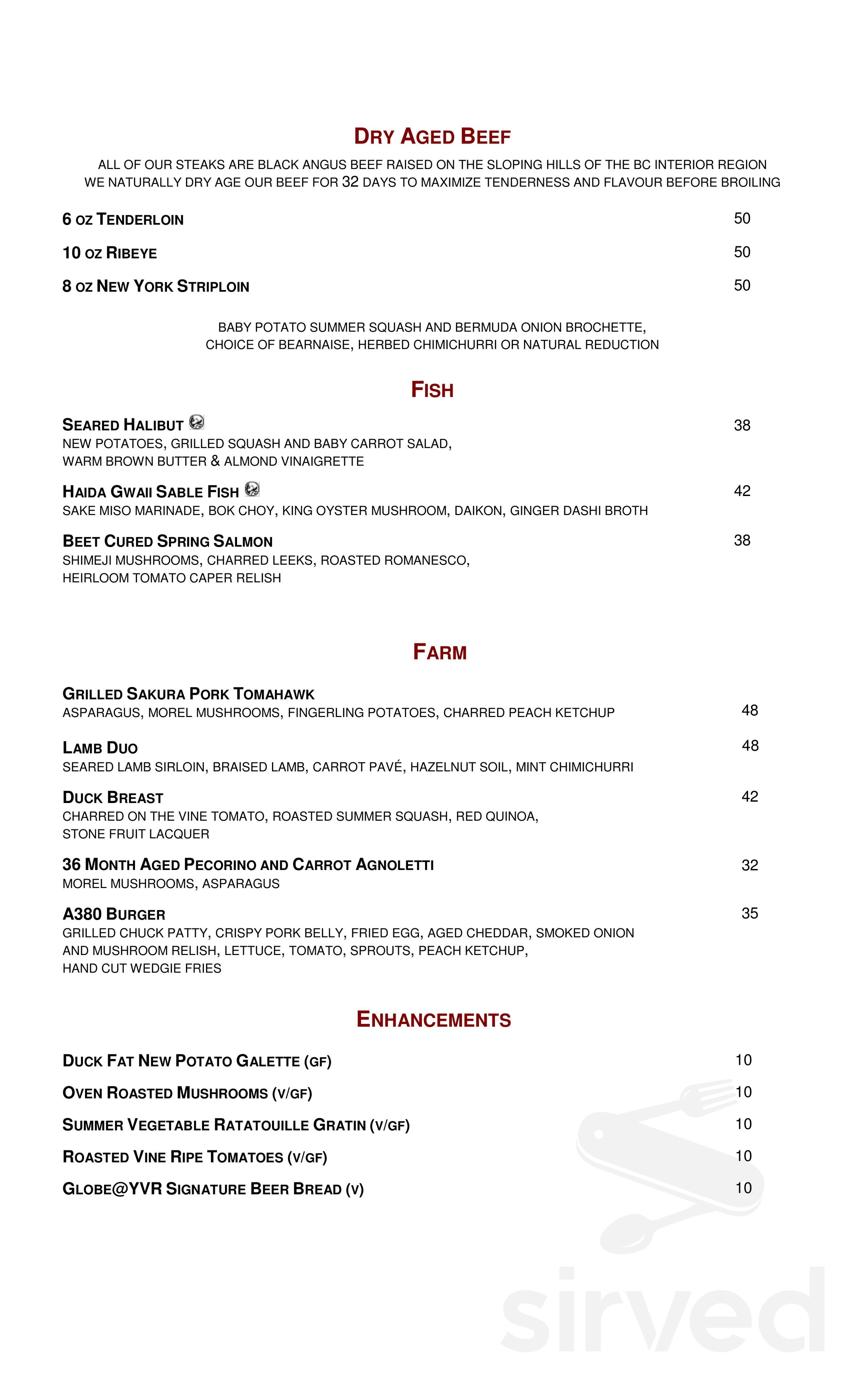 Menu - Richmond BC's Globe@YVR | Sirved