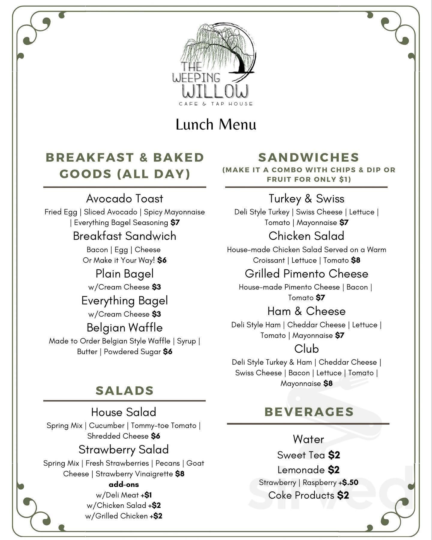 Menu - Lebanon VA's The Weeping Willow Cafe & Tap House | Sirved