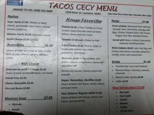 Tacos Cecy menu in Lewiston, Idaho, USA