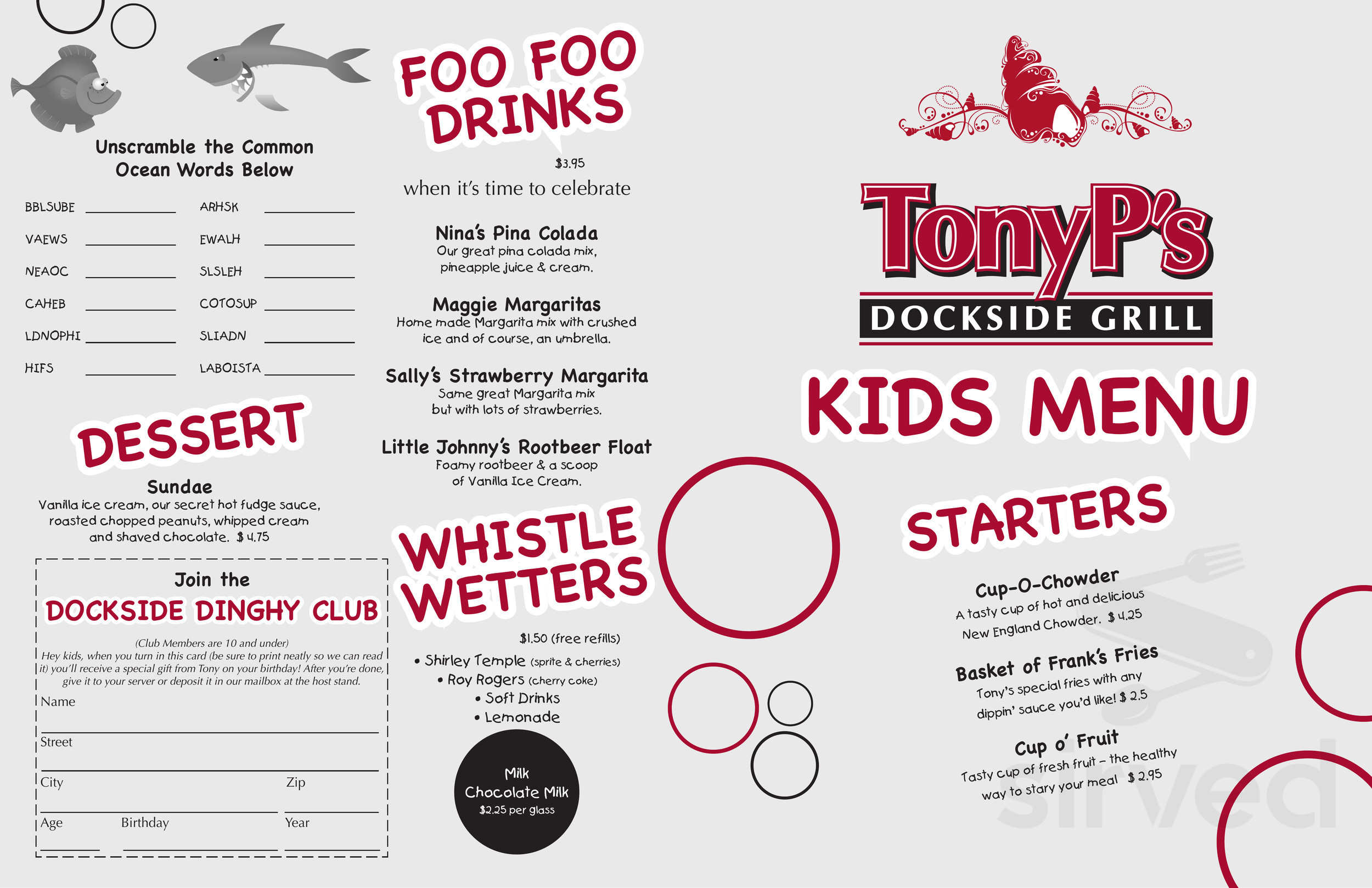 Tony P's Dockside Grill menu in Marina Del Rey, California, USA