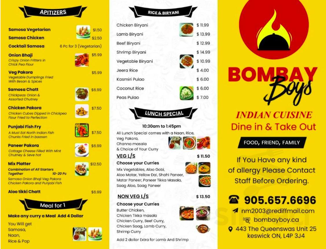 Bombay Boys Indian Cuisine menus in Keswick, Ontario, Canada