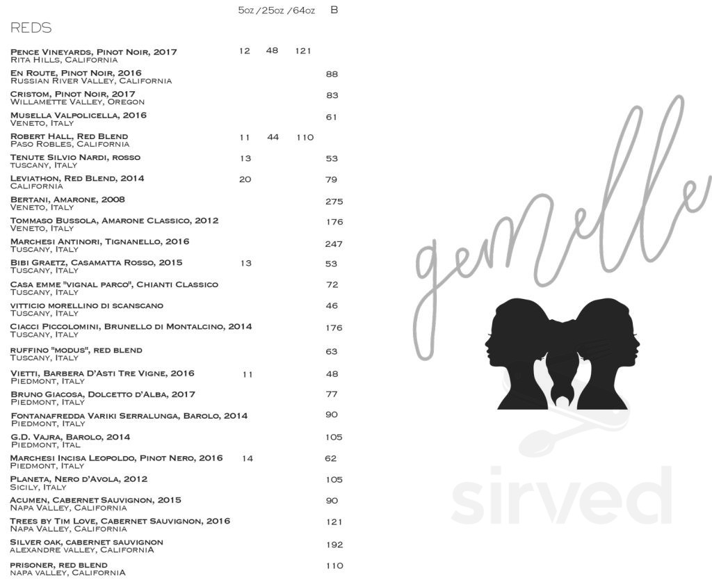 Gemelle menu in Fort Worth, Texas, USA