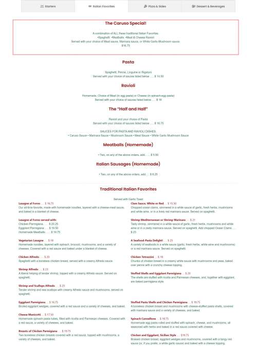 Caruso's menu in Tucson, Arizona, USA