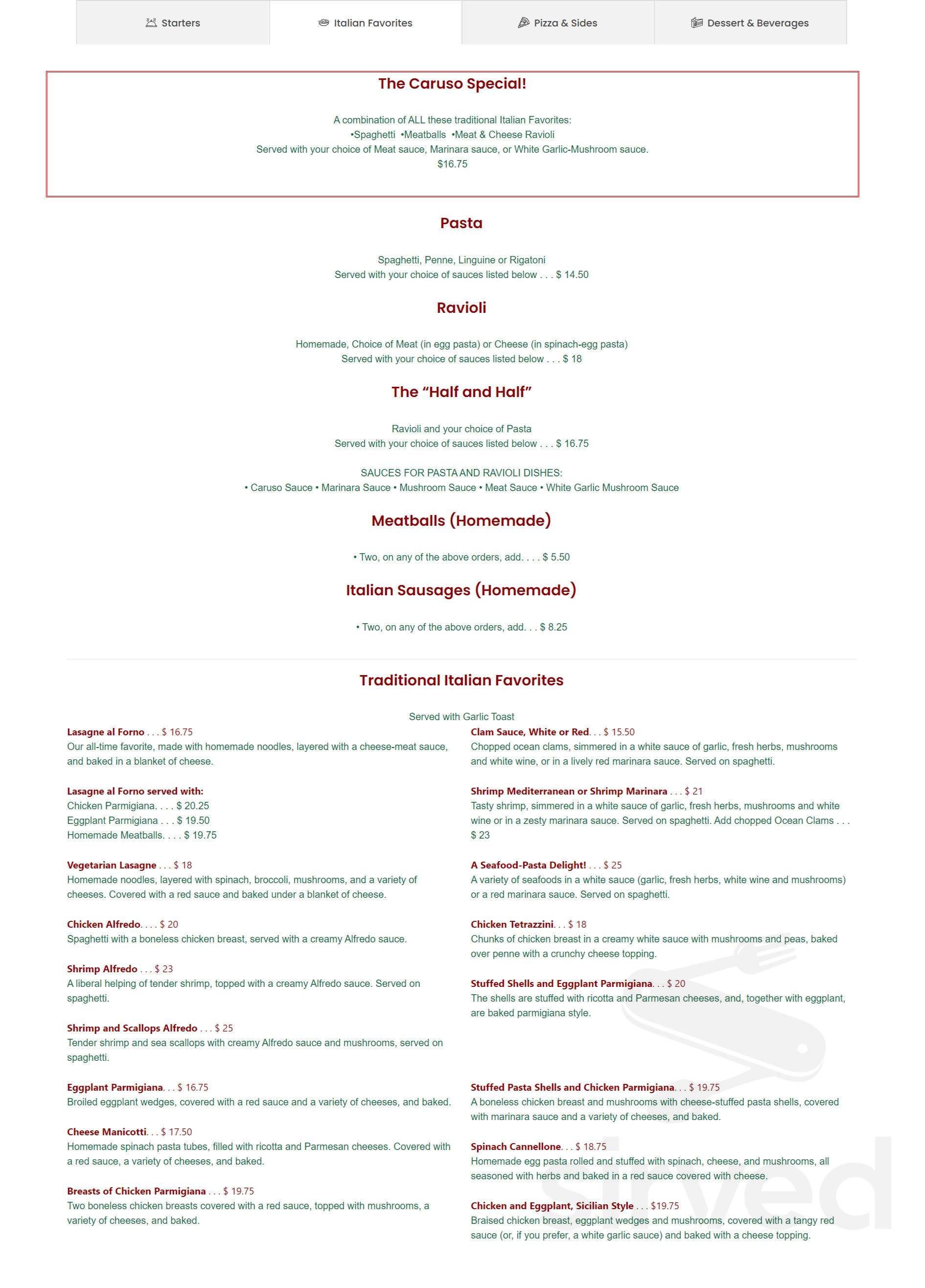 Caruso's menu in Tucson, Arizona, USA