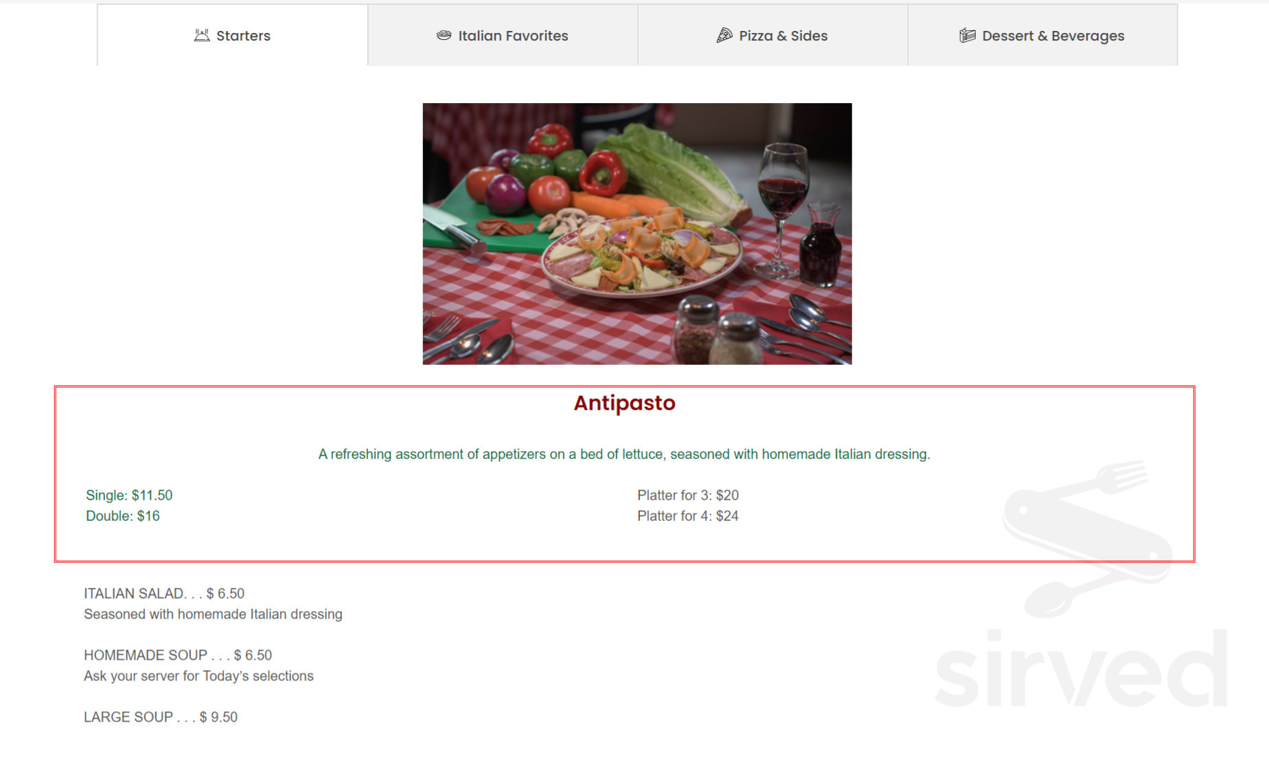 Caruso's menu in Tucson, Arizona, USA