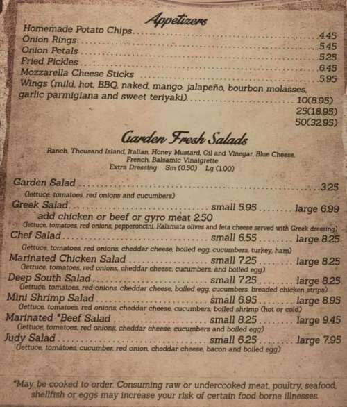 Rockwell Diner menu in Rockwell, North Carolina, USA