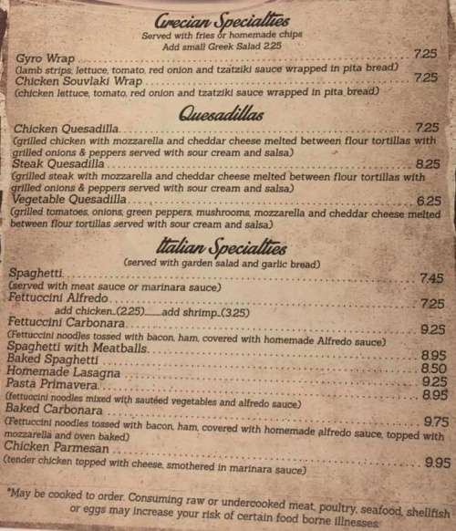 Rockwell Diner menu in Rockwell, North Carolina, USA