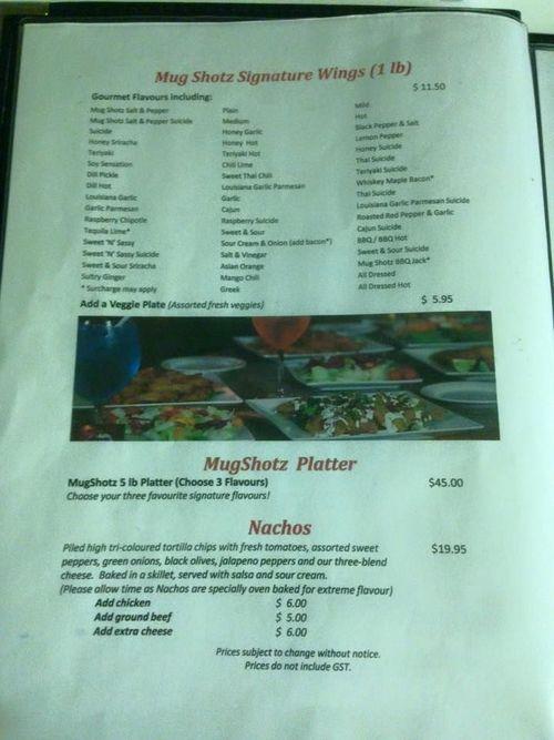 Mug Shotz Sports Bar & Grill menu in Calgary, Alberta, Canada