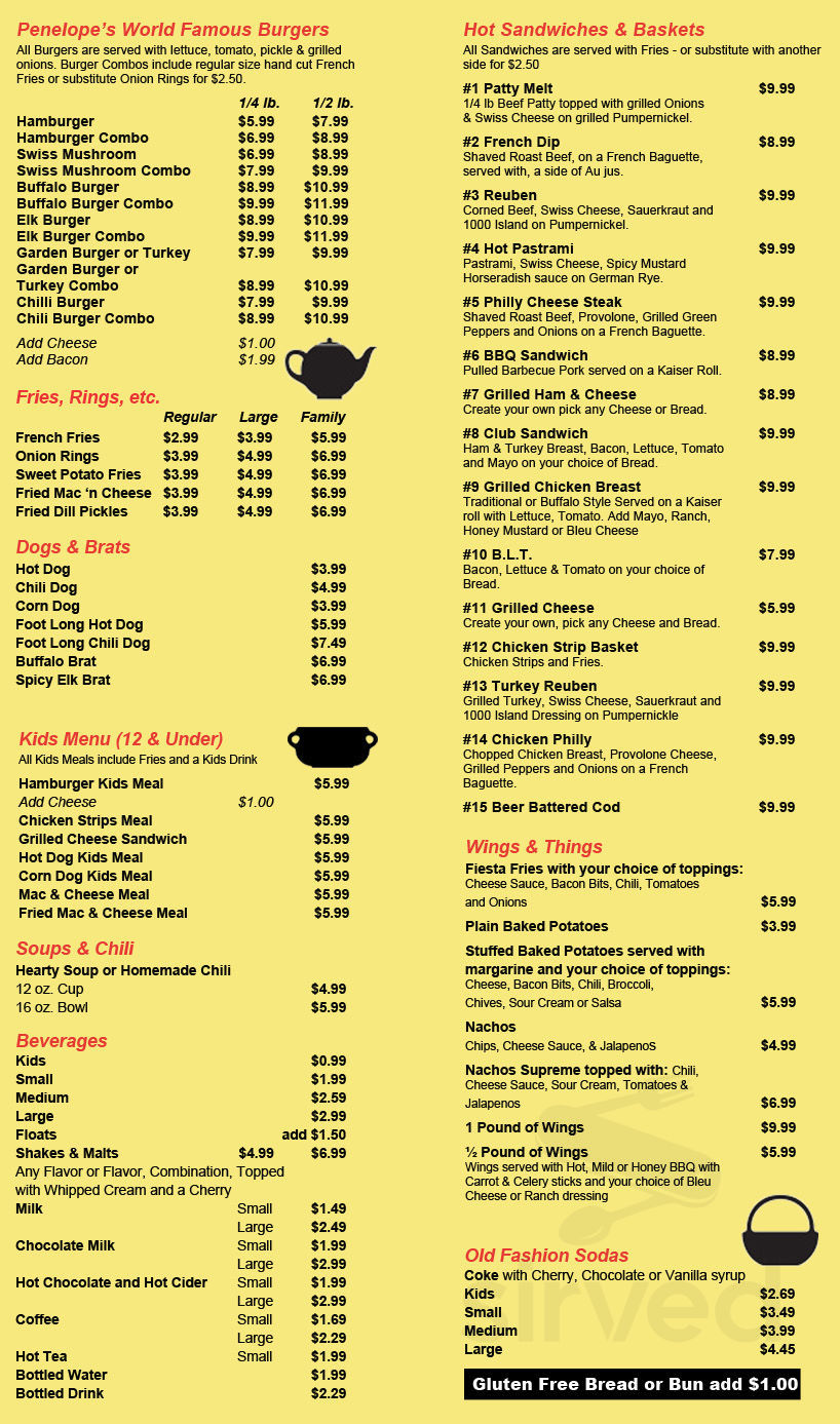 Penelope's Old Time Burgers menu in Estes Park, Colorado, USA