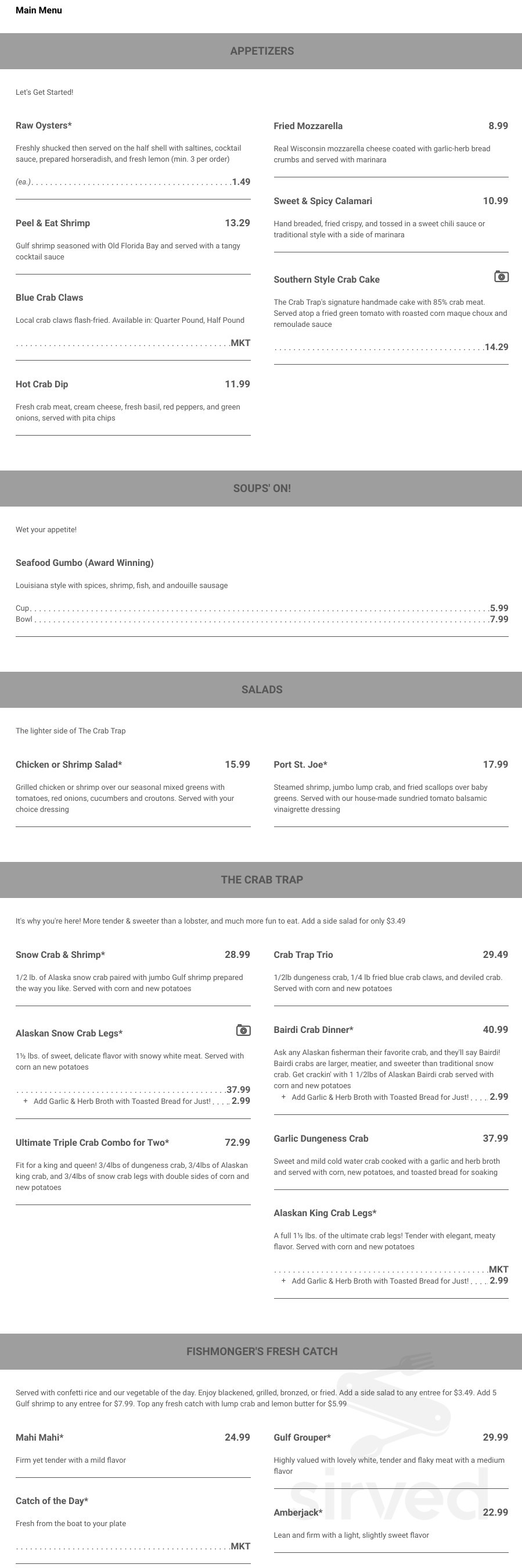 Menu - Fort Walton Beach FL's Crab Trap, Fort Walton Beach | Sirved