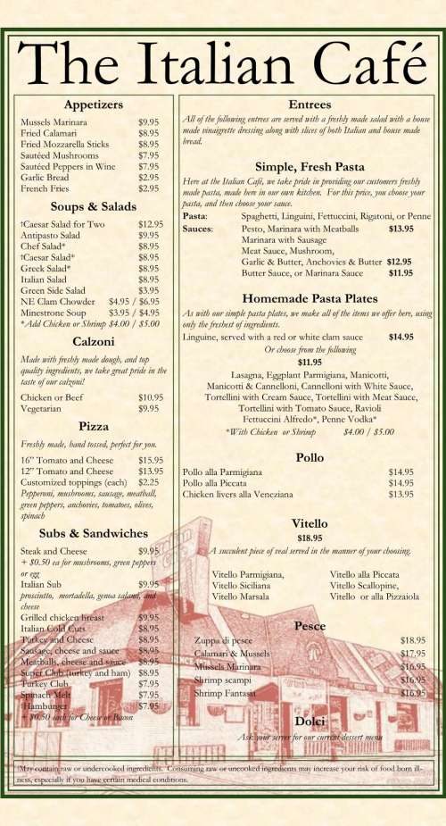 Italian Cafe menu in Falls Church, Virginia, USA