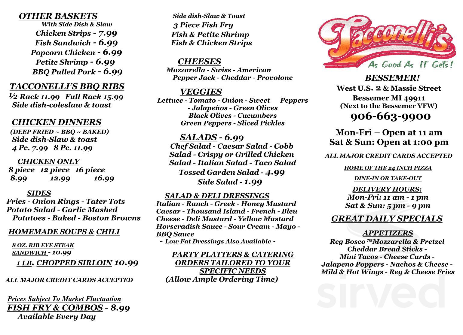 Menu for Tacconelli's To Go in Bessemer, MI | Sirved