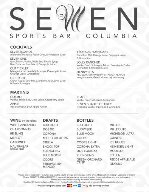 Seven Sports Bar & Lounge menu in Columbia, South Carolina, USA