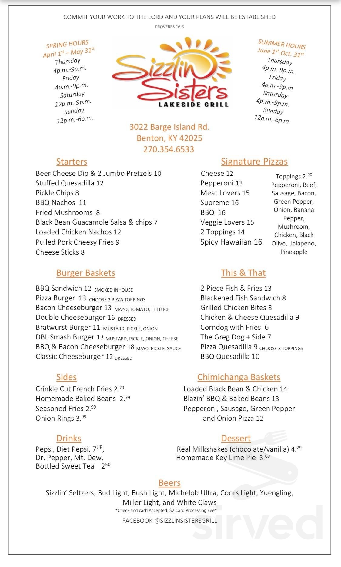 Menu for Sizzlin’ Sisters Lakeside Grill in Benton, KY | Sirved