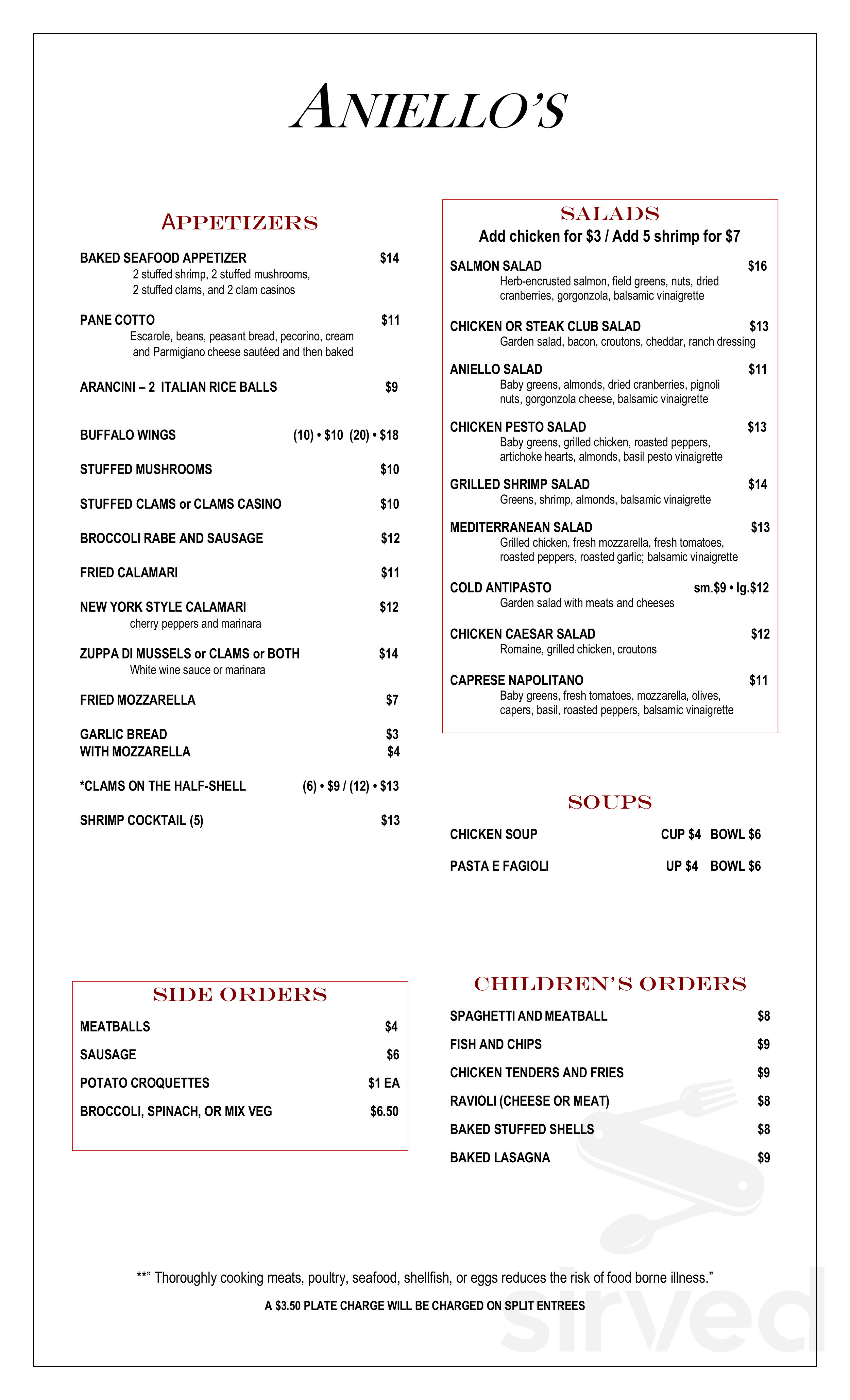 Menu for Aniello's Pizza and Italian Restaurant in East Haven, CT | Sirved