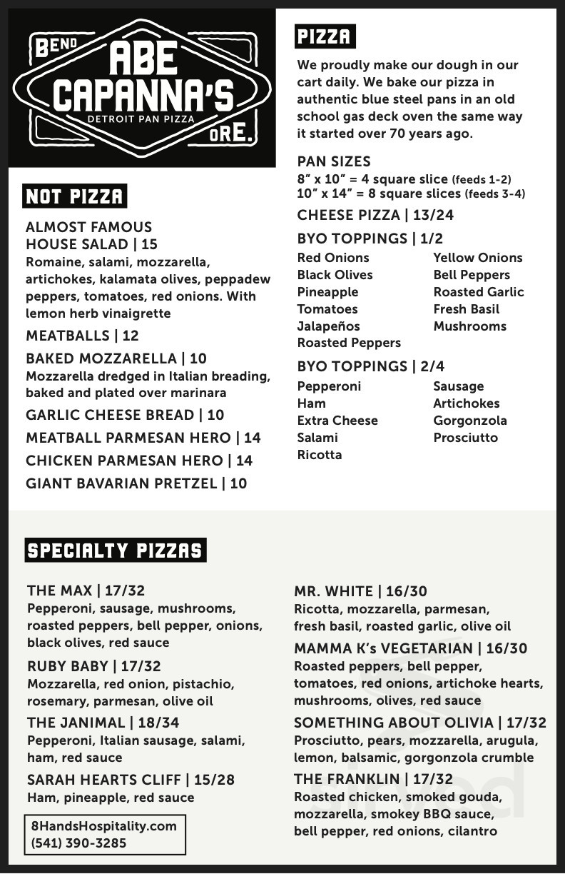Abe Capanna's Detroit Pan Pizza menus in Bend, Oregon, United States