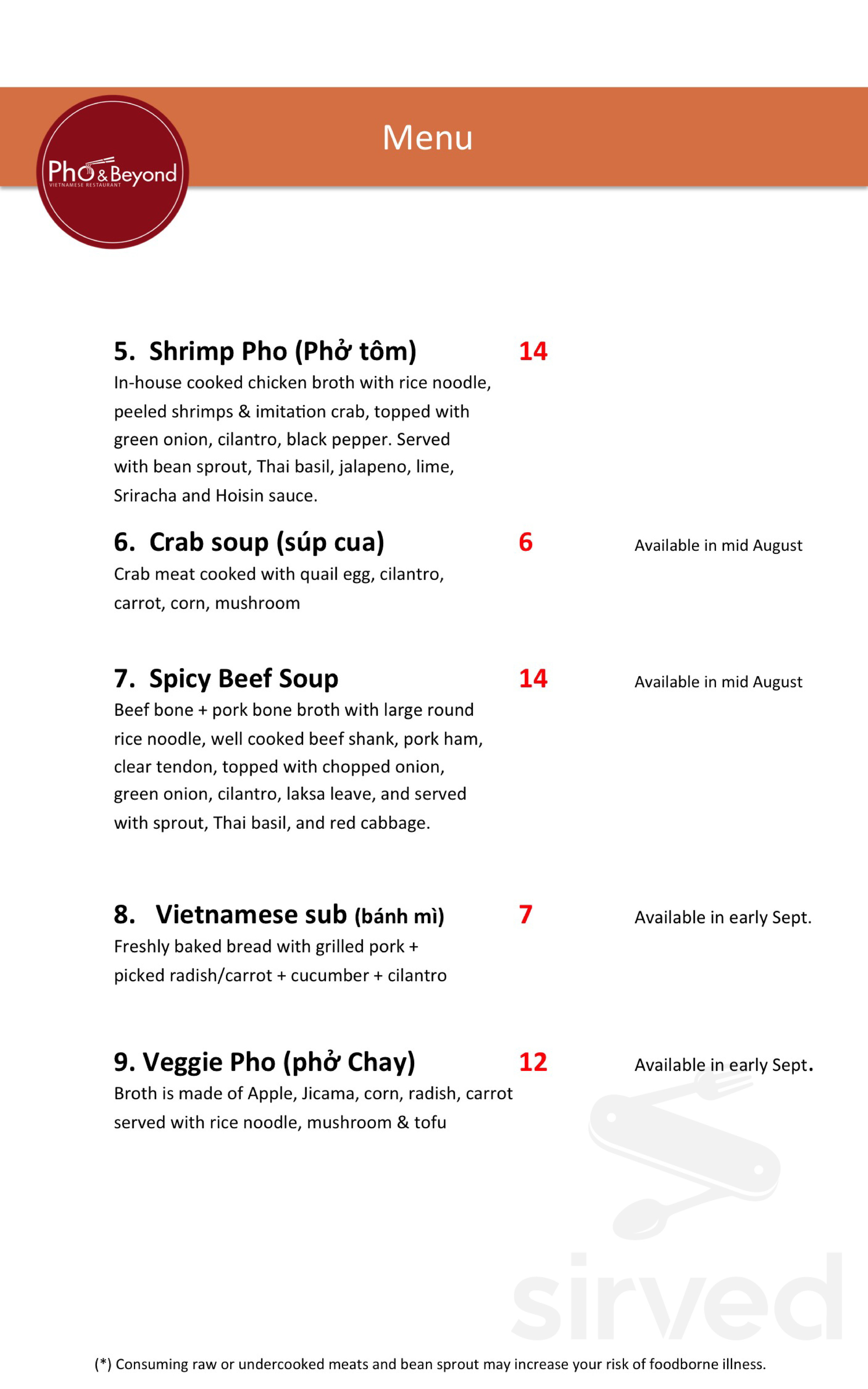 Pho & Beyond menu in Strongsville, Ohio, USA