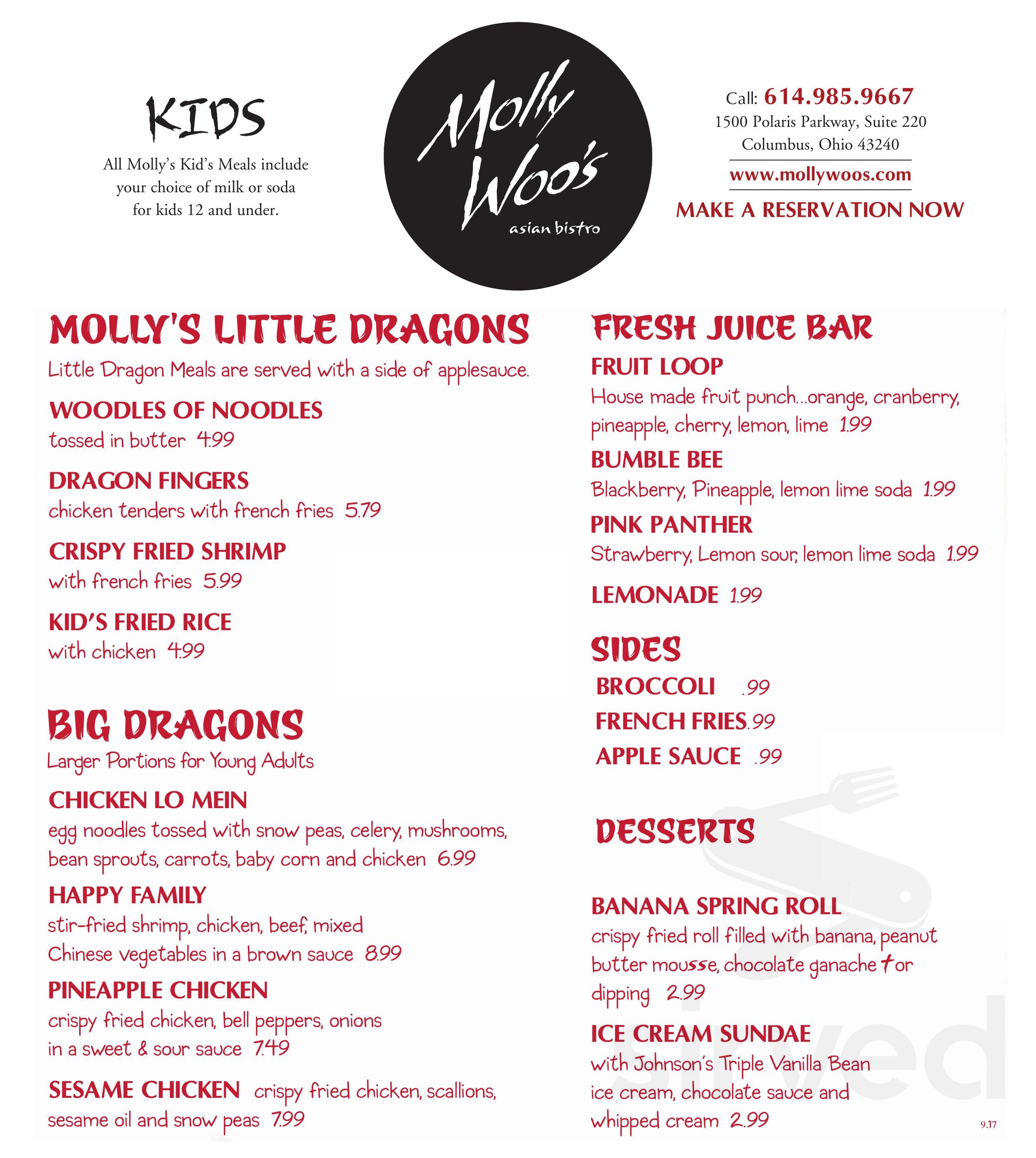 Molly Woo's Asian Bistro menu in Columbus, Ohio, USA