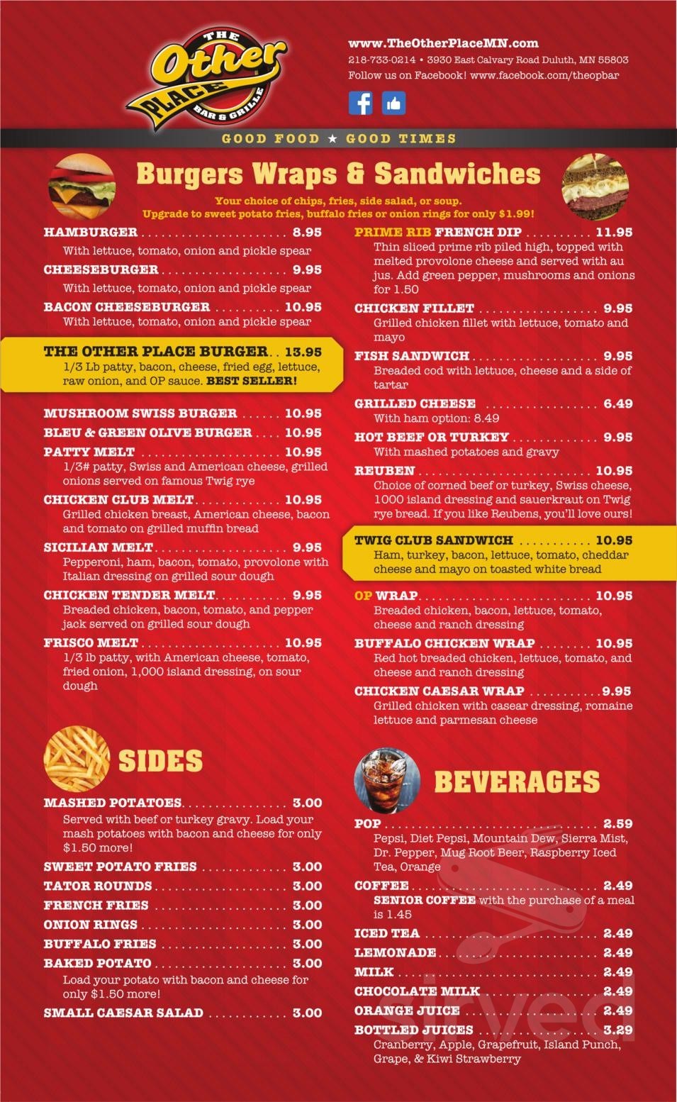 The Other Place Bar and Grill menu in Duluth, Minnesota, USA