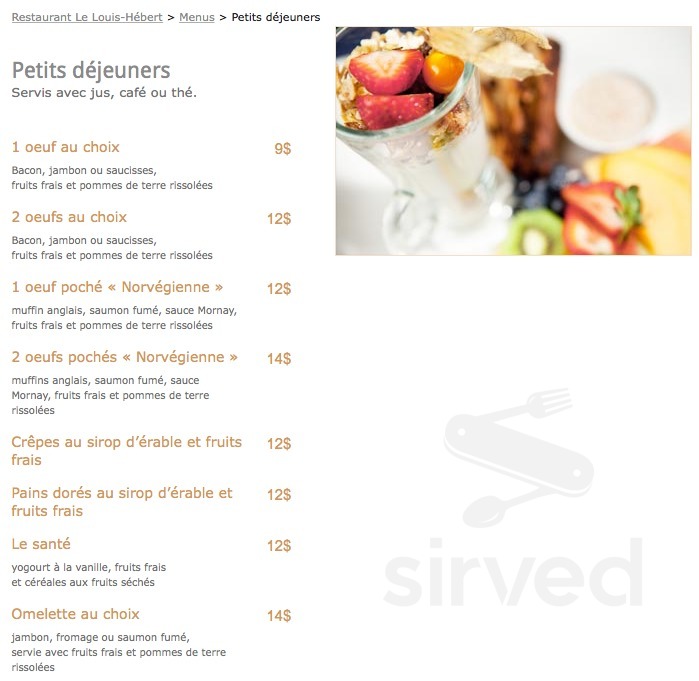 Restaurant Louis-Hébert menu in Québec, Quebec, Canada