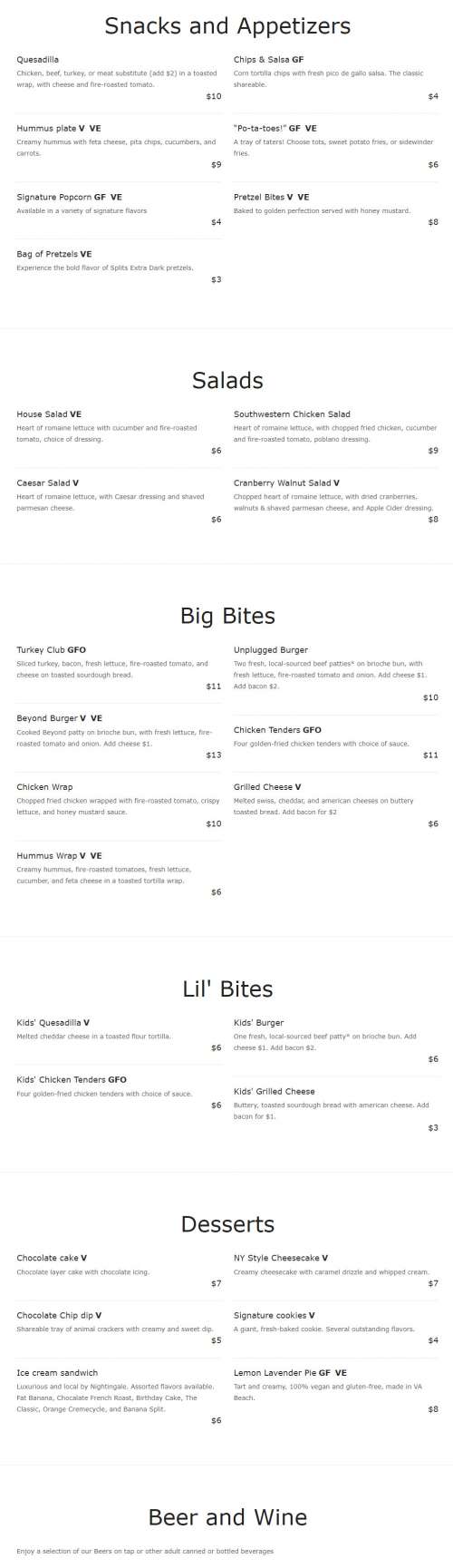 Unplugged Games Cafe menu in Midlothian, Virginia, USA