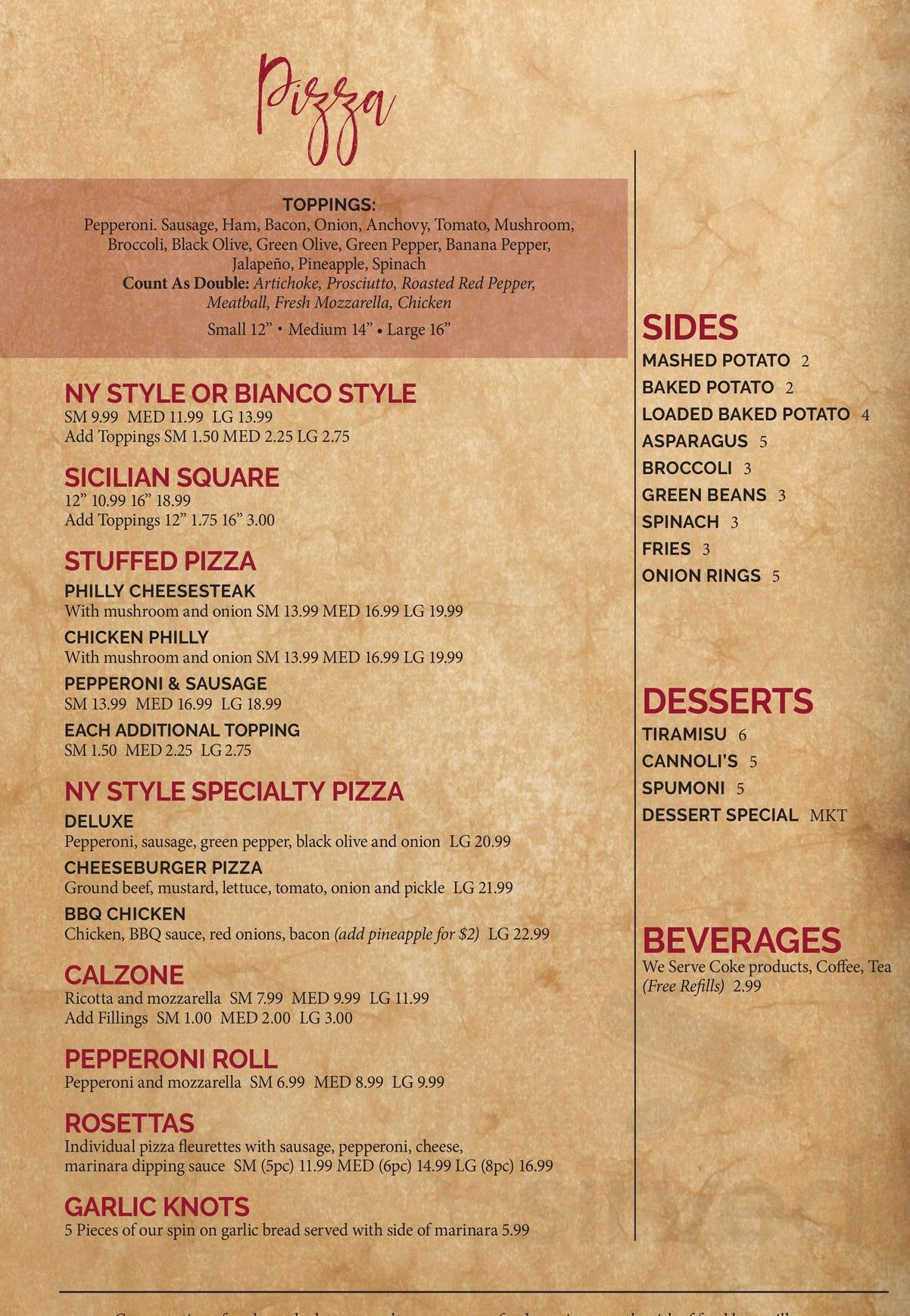 Menu for Spennato's Ristorante & Pizzeria in Northfield, OH | Sirved
