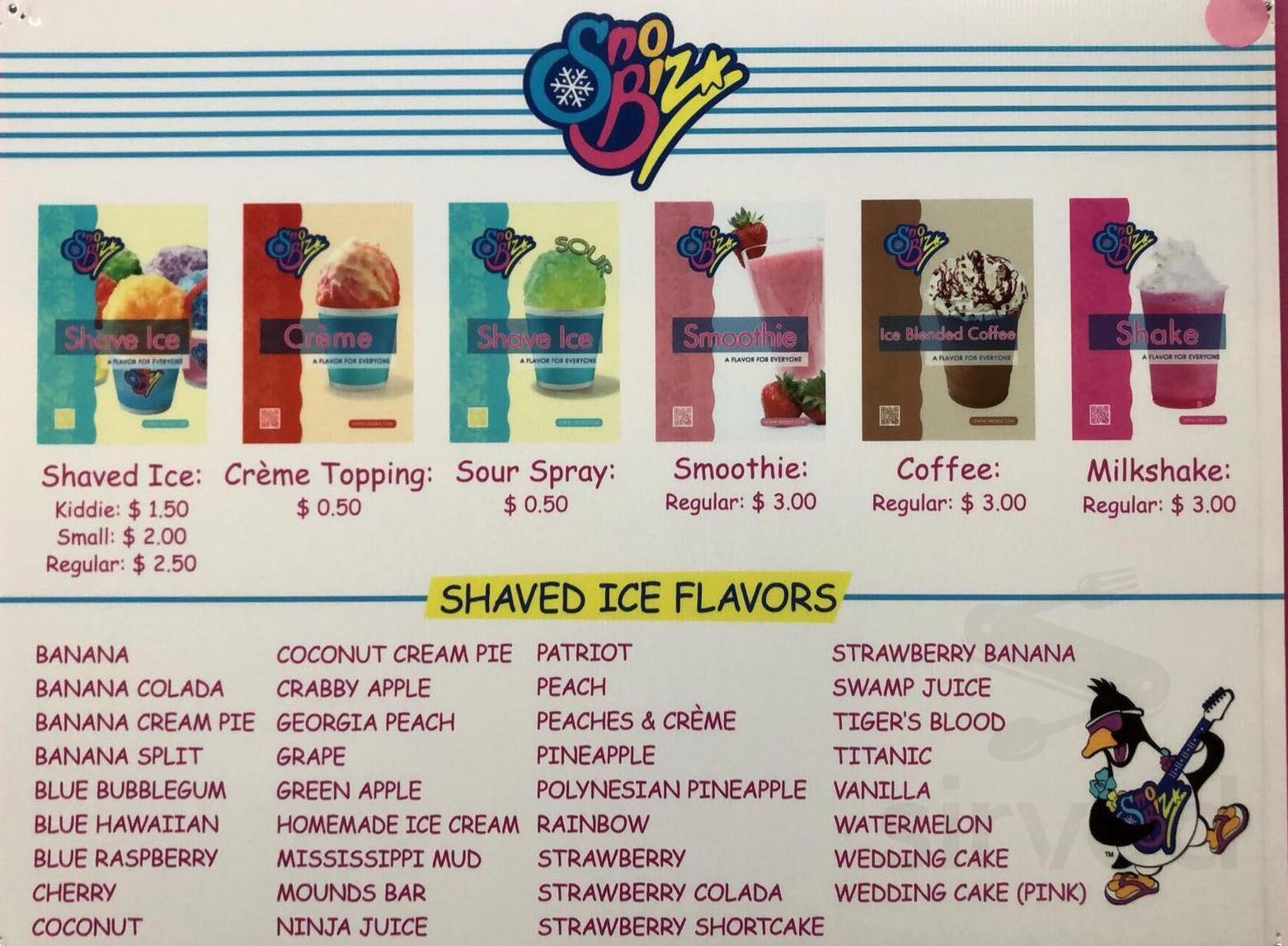 Sno Biz of Lexington menu in Lexington, Mississippi, USA