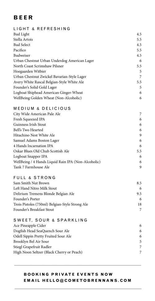 Brennan's menu in St. Louis, Missouri, USA