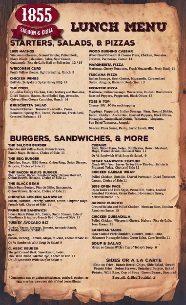 Menu for 1855 Saloon and Grill in Cottage Grove, WI | Sirved