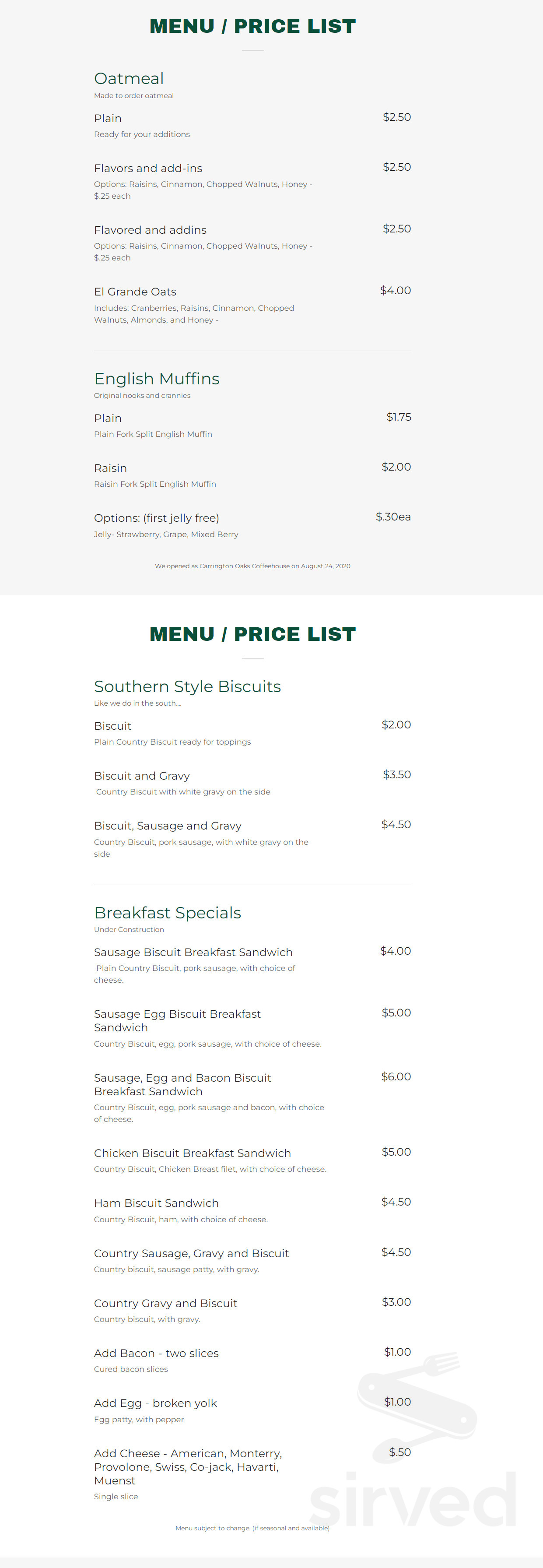 Carrington Oaks Coffeehouse menus in Collierville, Tennessee, United States