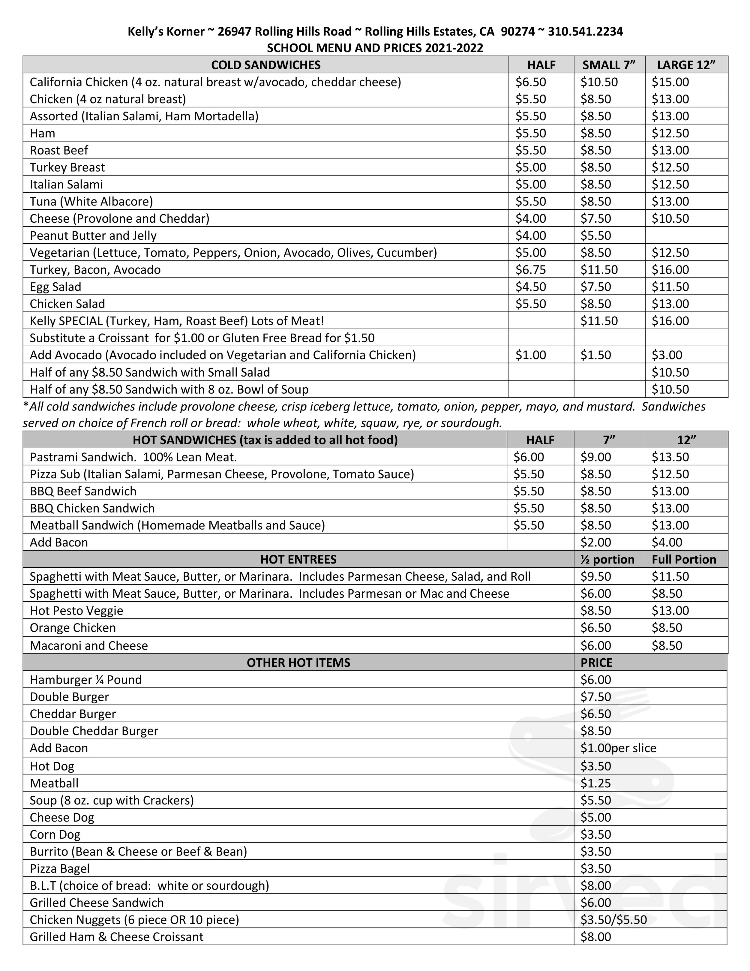Kelly's Korner menu in Rolling Hills Estates, California, USA