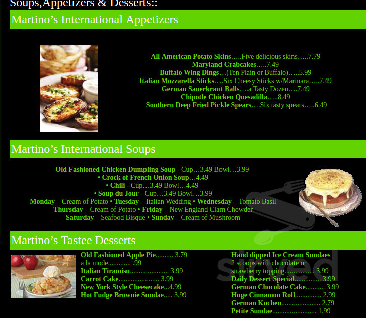 Martino's International Cafe menu in Vermilion, Ohio, USA