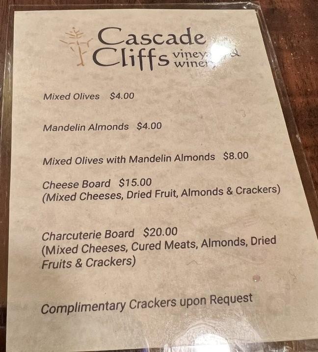 Menu - Hood River OR's Cascade Cliffs Winery & Tasting Room | Sirved