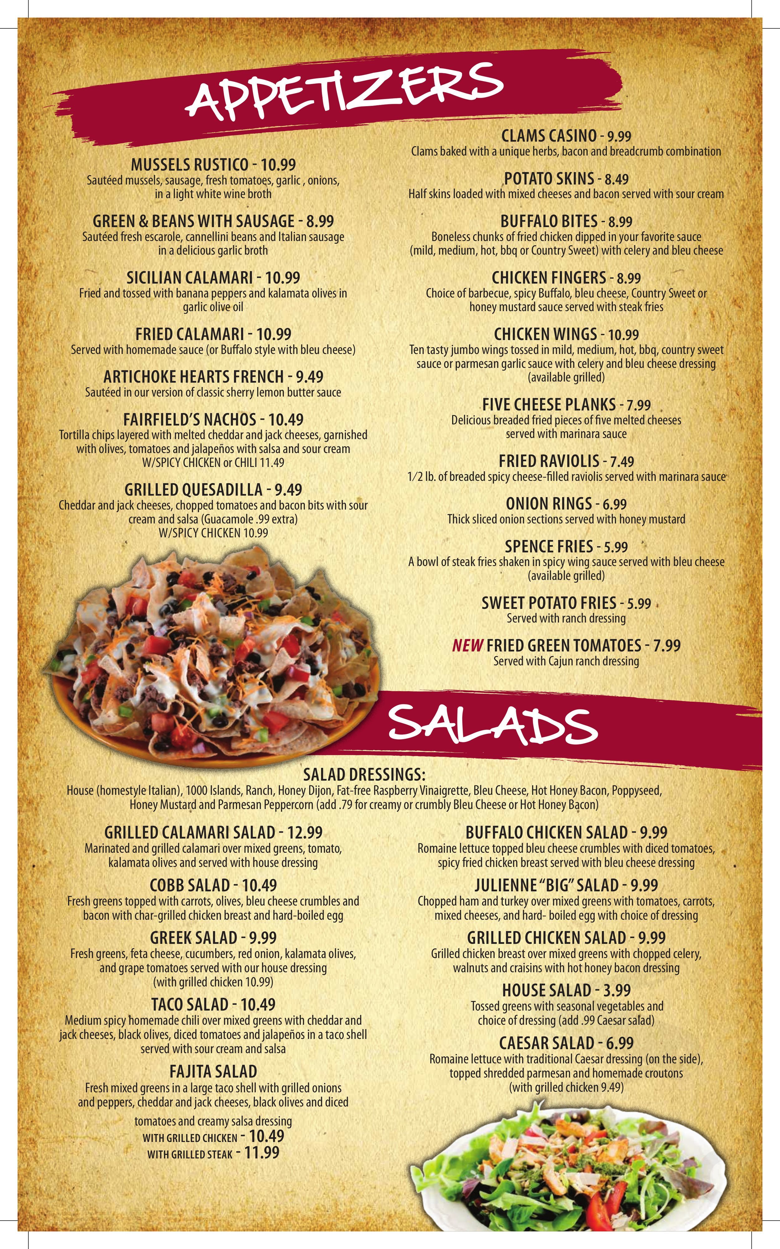 Fairfield's Bar & Grill menu in Penfield, New York, USA